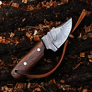 MEDIEVAL SUPPLIES Damascus Steel EDC Knife 4.5inch Fixed Blade Mini for Skinning,Survival,Camping and Outdoor Enthusiasts with Natural Handle Leather Sheath Brand By (WOOD)
