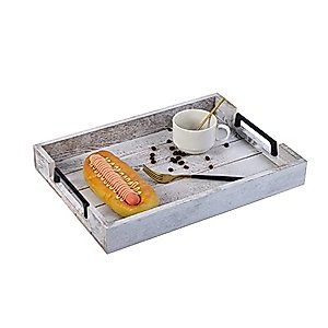 Wood Serving Trays with Metal Handles Farmhouse Whitewashed Ottoman Food Serving Platters Home Decor Vintage Wood Decorative Tray for Breakfast, Coffee Table.