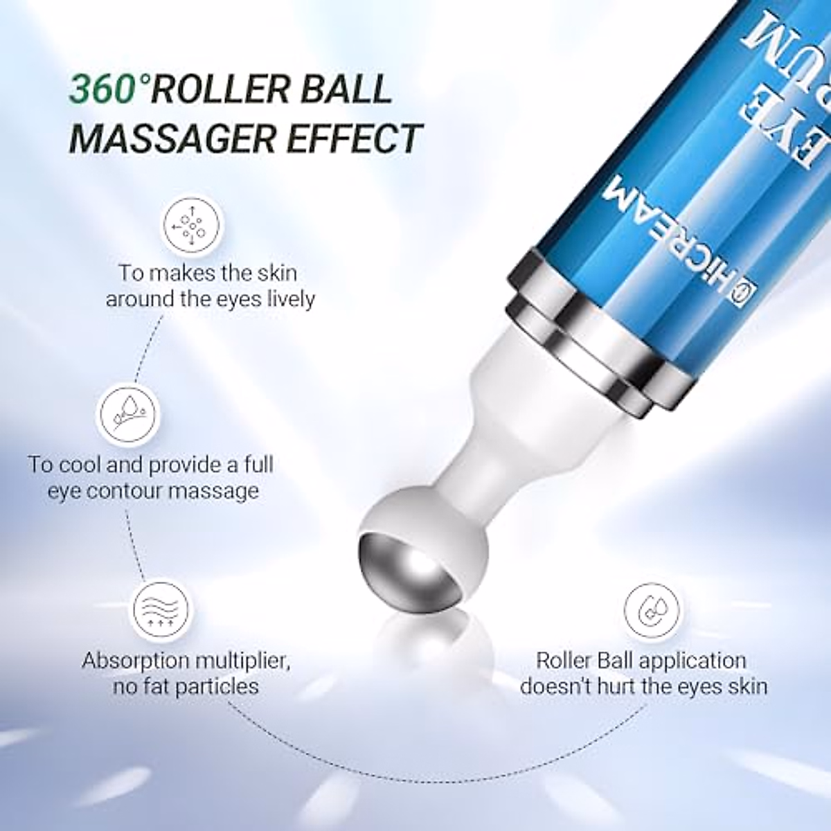 5% Caffeine Peptide Eye Serum, Under Eye Roller Cream for Dark Circles, Puffiness, Bags Under Eyes - 360° Massage Ball Cream Anti-aging for Wrinkles Fine Lines and Firming (Light blue)