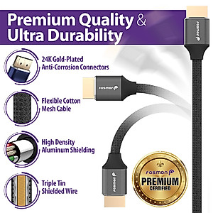 Fosmon HDMI 2.1 Cable 8K@60Hz 1ft (2 Pack), Premium Certified in-Wall CL3 Rated, 48Gbps Ultra High Speed, 4K@120Hz, Dynamic HDR, HDCP 2.3, 3D, eARC, 30AWG Cotton Braided Compatible with UHD TV & More
