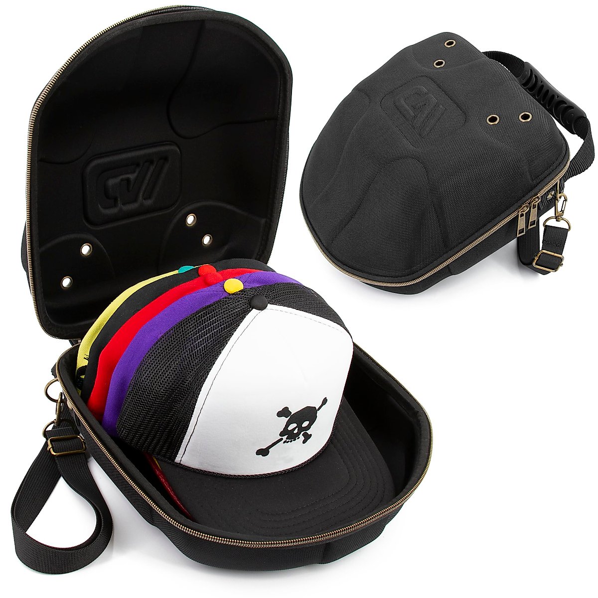 CASEMATIX Hat Travel Case for up to 5 Baseball Caps with Crush-Resistant Hard Shell Outer, Adjustable Shoulder Strap and Comfortable Handle - Portable Hat Case Carrier for Travel and Hats Storage