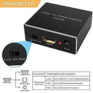 HDMI Audio Extractor 4K 60HZ, Digital HDMI to HDMI Audio Converter, HDMI to Optical 3.5mm AUX Audio Adapter, Supports HDCP 1.4, 3D, Dolby Digital, DTS 5.1 PCM