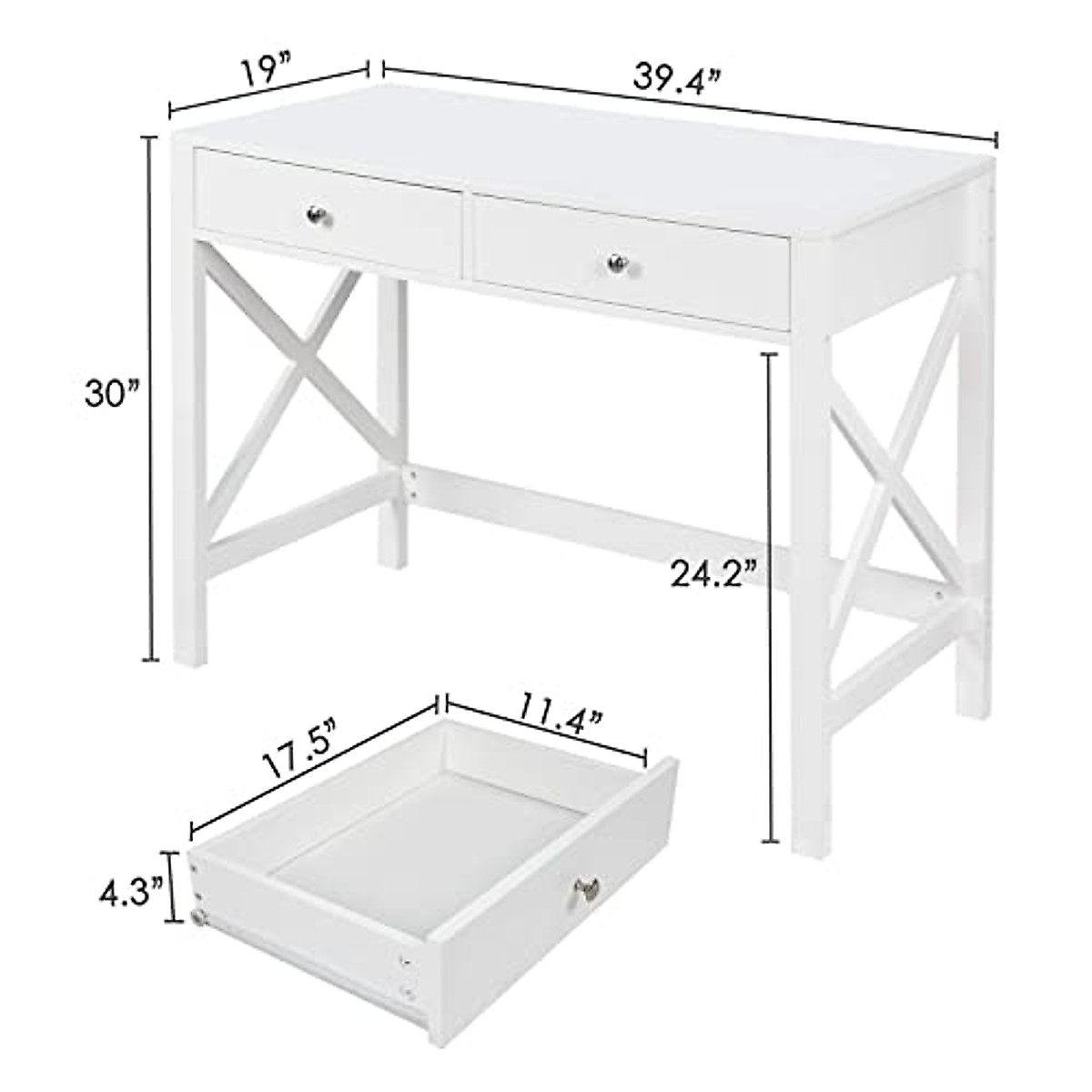 Usinso White Writing Computer Desk with Drawers,Small Modern Table for Bedrooms,White Vanity Table,Office Desk with Drawers（White）