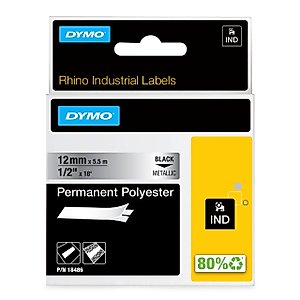 DYMO Rhino Industrial Permanent Polyester Labels, 1/2", Black Print on Metallic Tape