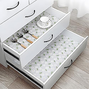 Shelf Liner, Waterproof Refrigerator Liner, Drawer Liners for Kitchen Cabinet, Bathroom Sink Mat No Slip Cupboard Mats Non Adhesive Fridge Liner EVA Place Mats Roll - Leaf Daisy 17.7"×78.7"