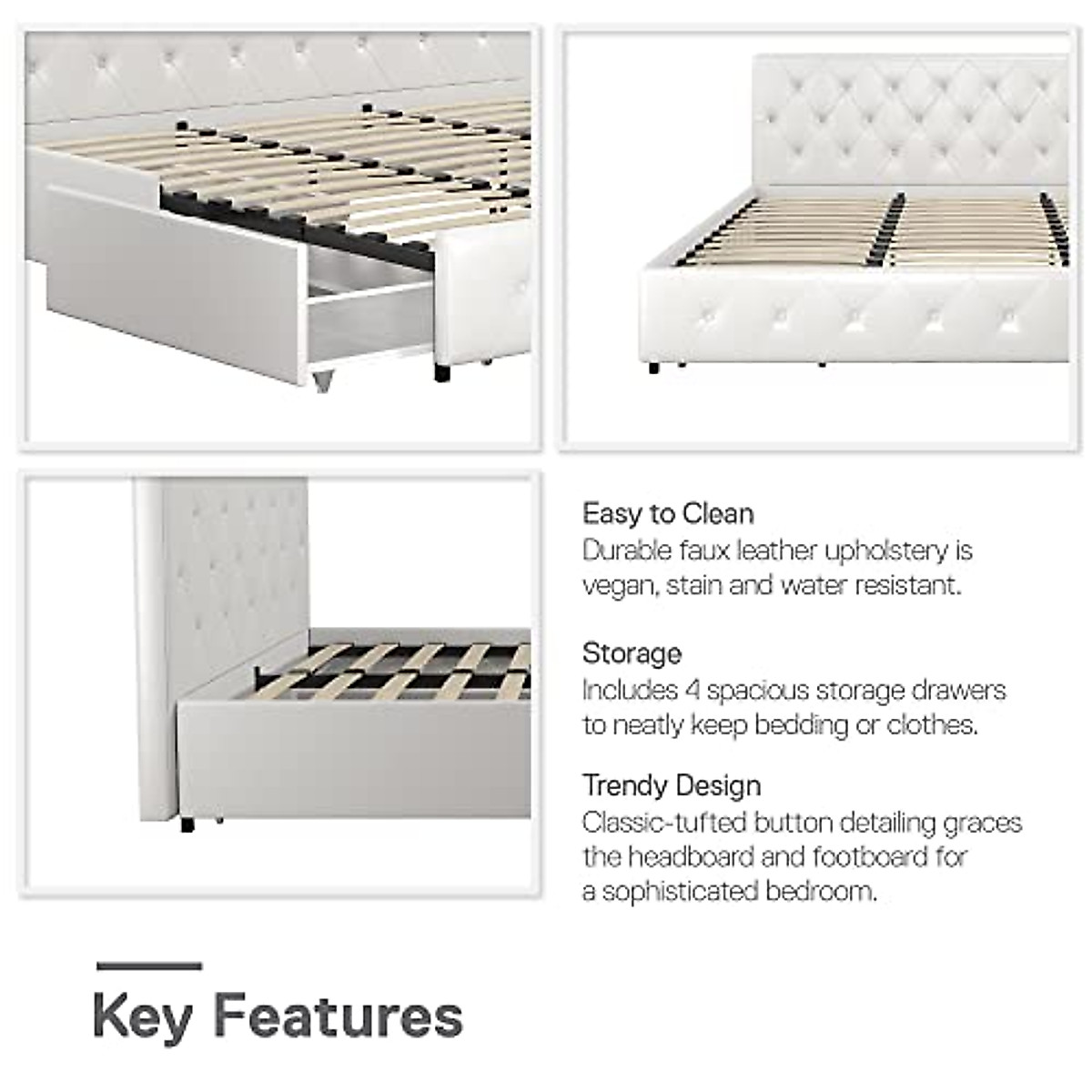 DHP Dakota Upholstered Platform Bed with Underbed Storage Drawers and Diamond Button Tufted Headboard and Footboard, No Box Spring Needed, King, White Faux Leather