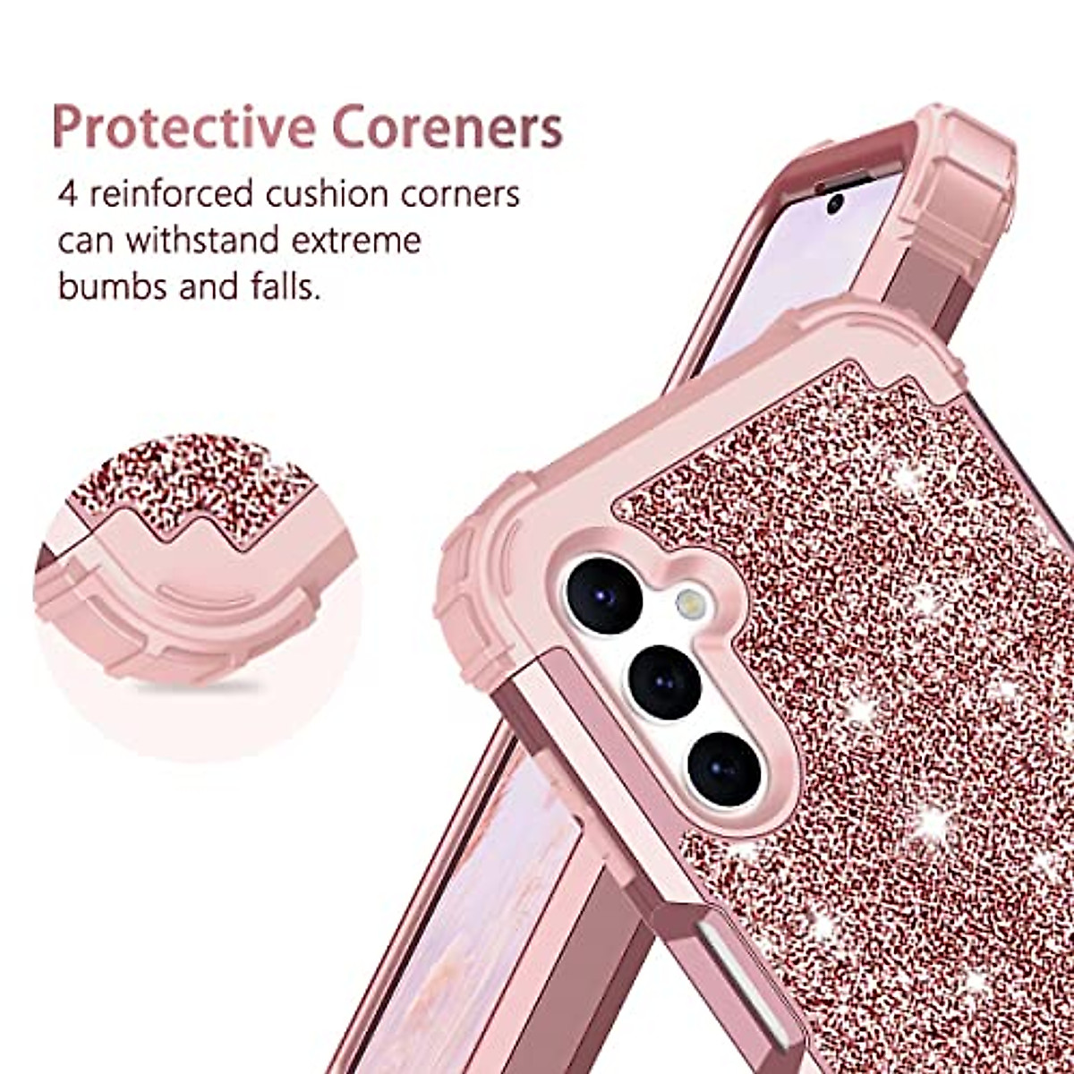LONTECT for Galaxy A14 5G Case with 2 Tempered Glass Screen Protector+ 2 Camera Lens Protector,Three-Layer Shockproof Heavy Duty Full Body Sturdy Protective Case for Samsung Galaxy A14,Rose Gold