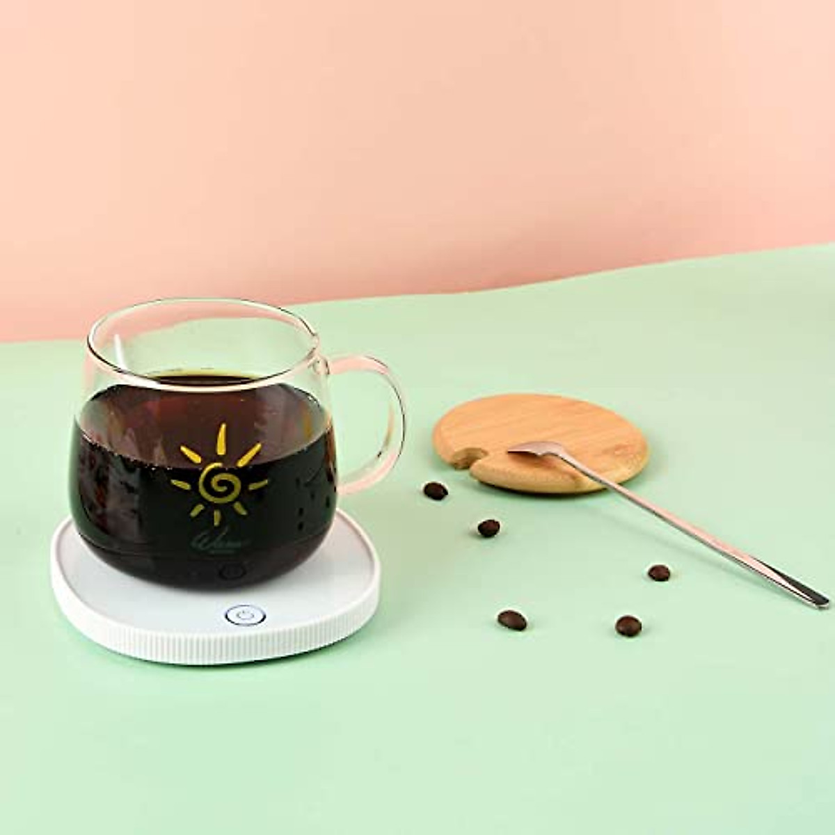 Coffee Mug Warmer Set, Electric USB Mug Cup Warmer with Flat Bottom Mug/Bamboo Lid/Spoon for Desk Office Home Use - White(with Mug)