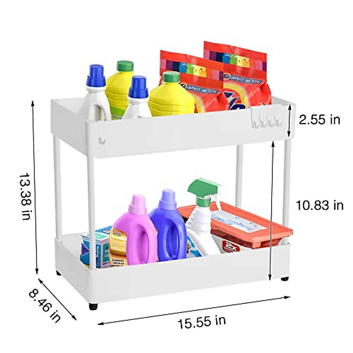 C&AHOME Under Sink Organizers, 2-Tier Kitchen Bathroom Storage Cabinet with Hooks, Counter top Storage Rack, Cabinet Organizer Baskets, Multipurpose Storage Shelf Ideal for Kitchen, Bathroom, White