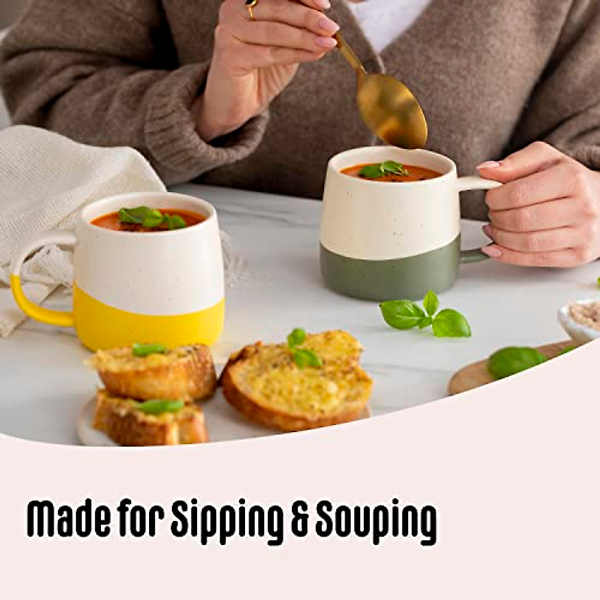 Ceramic Coffee Mugs Set of 4 - Large Stoneware Cups - Hand-Painted, Two-Tone Glazed Mug for Coffee, Tea, and More - Microwave & Dishwasher Safe