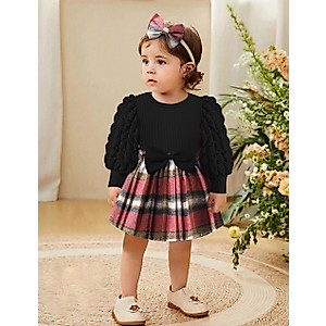 Qaoerde Baby Girl Dresses 12-18 Months Baby Girl Dress Puff Sleeve Red Plaid Dress Ribbed Baby Girls' Dresses Baby Dresses 12-18 Months Baby Girl Fall Dress Baby Girl Winter Dress Christmas Outfit