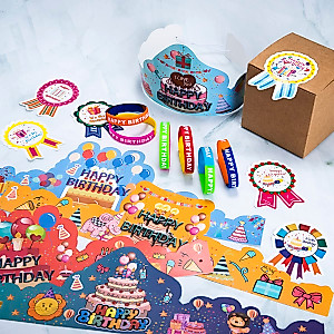 ARTLYMERS 120pcs Happy Birthday Kits for Classroom Kids, Teacher Supplies for Classroom Include Birthday Hats, Birthday Stickers, Silicone Wristbands, School Classroom Kindergarten VBS Party Supplies