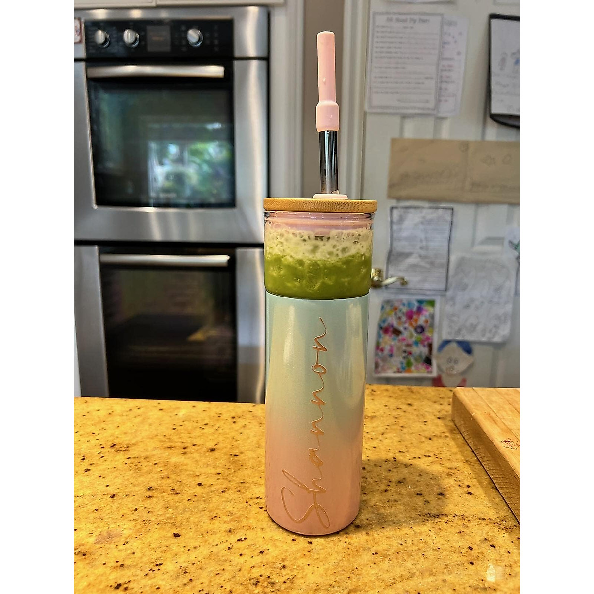 Tronco 20 oz Double Walled Insulated Glass Tumbler with Straw and Lid, Vacuum Stainless Steel Outer, Reusable Insulated Iced Coffee Cup Smoothie Cup, Sweat-Free, BPA Free