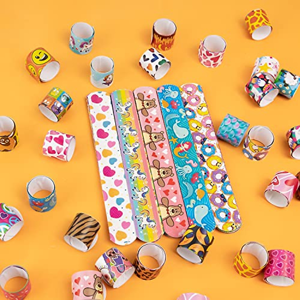 JOYIN 144 Pcs Slap Bracelets for Kids Bulk Wristbands with Animals, Friendship, Heart Print 36 Designs, for kids Easter Party Favors, Valentine Classroom Prizes Exchanging Gifts