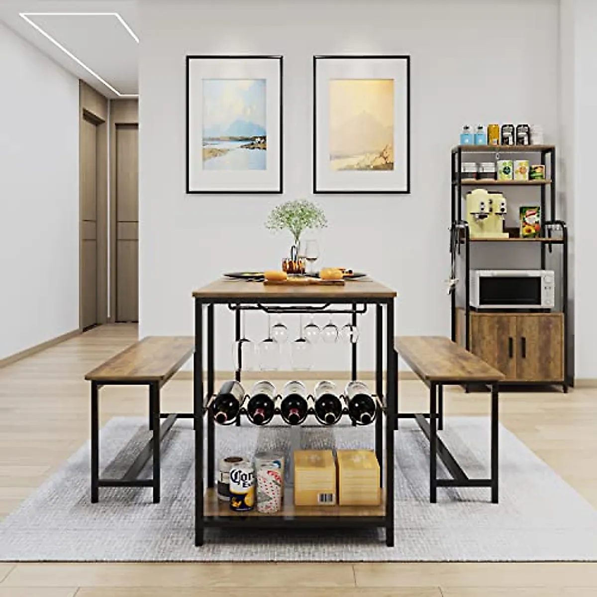 HITHOS 3-Piece Dining Table Set, Rustic Wood Kitchen Dinner Table with Benches for 4, Breakfast Nook Table with Wine Rack and Glass Holder, Rustic Brown