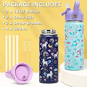 ACESAK 18oz Kids Insulated Water Bottle with Straw Lid - 18/8 Stainless Steel Kid Cup Travel Tumbler Double Wall Vacuum Leak Proof Portable Toddler Water Bottle (Unicorn + Mermaid)