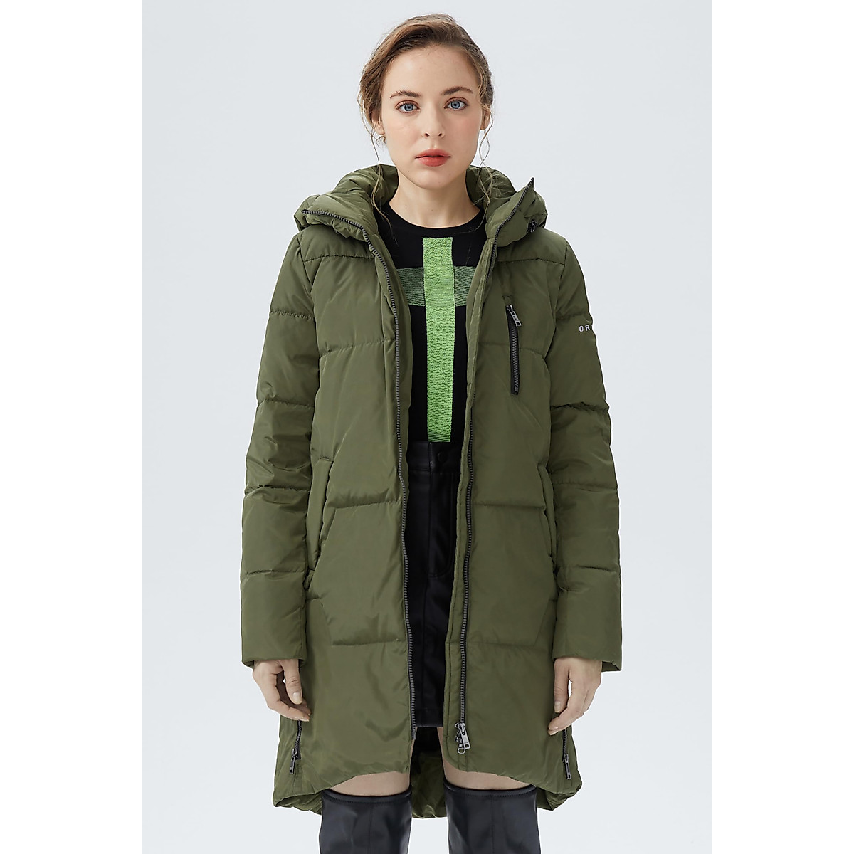 Orolay Women's Stylish Down Hooded Jacket with Two-Way Zipper Winter Down Coat Puffer Jacket Army Green M