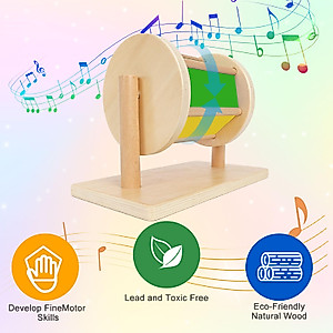 LEADER JOY Montessori Spinning Drum Baby Wooden Toys for 1-3 Year Old with Mirror and Bell for Infant Toddler, Sensory Development Toys Baby Toys Gifts