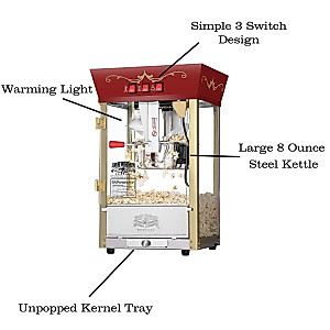 Matinee Countertop Popcorn Machine – 3 Gallon Popcorn Popper, 8oz Kettle, Warmer, and 24 All-In-One Popcorn Packs by Great Northern Popcorn (Red)