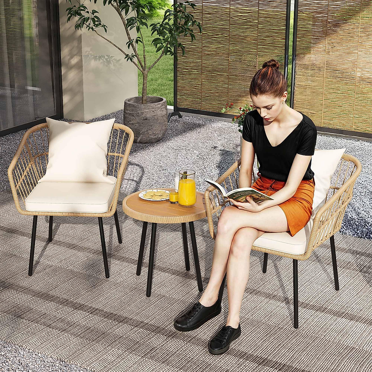 DWVO All-Weather Wicker Patio Furniture Bistro Set, 3-Piece Outdoor Patio Conversation Set with Table and Seat Cushions for Patio, Balcony, Backyard, Porch and Terrace