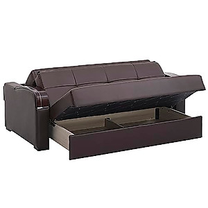 Sweethome Stores 74" Pull Bed with Storage, Firm, Faux Leather, 650 lbs Capacity, Sleeper Sofa, Futon for Living Room or Home Office Convertible Couch, DormirClack Sofabed, Brown PU