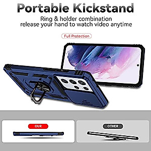 for Samsung Galaxy S21 Ultra Case with Camera Lens Cover HD Screen Protector,Military-Grade Drop Tested Magnetic Ring Holder Kickstand Protective Phone Case for Samsung Galaxy S21 Ultra 5G (Navy Blue)
