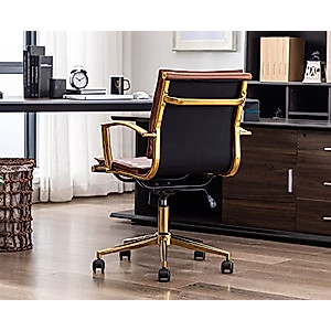 Shunzhi Leather Desk Chair with Armrest PU Leather Office Chair Midback Adjustable Home Computer Executive Chair Swivel Conference Task Chair Managers Chair with Chrome Base, Brown and Gold