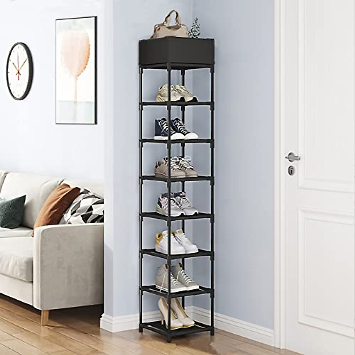 Narrow Shoe Rack, 8 Tier Vertical Shoe Rack for Closet Entryway Hallway Tall Slim Shoe Stand Organizer