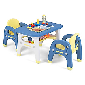 Costzon Kids Table and Chair Set w/Montessori Toys, Kids Activity Table w/Storage Shelf, Building Blocks, Cute Dinosaur Shape Chair, Easy to Clean, Preschool, Kindergarten (Table and 2 Chairs)
