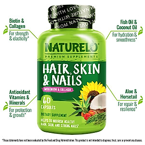 NATURELO Hair, Skin and Nails Vitamins - 5000 mcg Biotin, Collagen, Natural Vitamin E - Supplement for Healthy Skin, Hair Growth for Women and Men – 60 Capsules