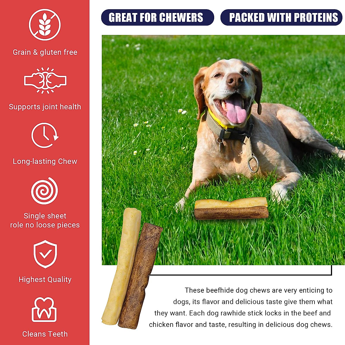 American Made Treat Co - Dog Treats, Chicken and Beef Flavor Variety Beef Rawhide Chip Rolls, Puppies to Seniors, Dental Dog Bone Alternative - 3-3.5” Rolls - 20 Pack