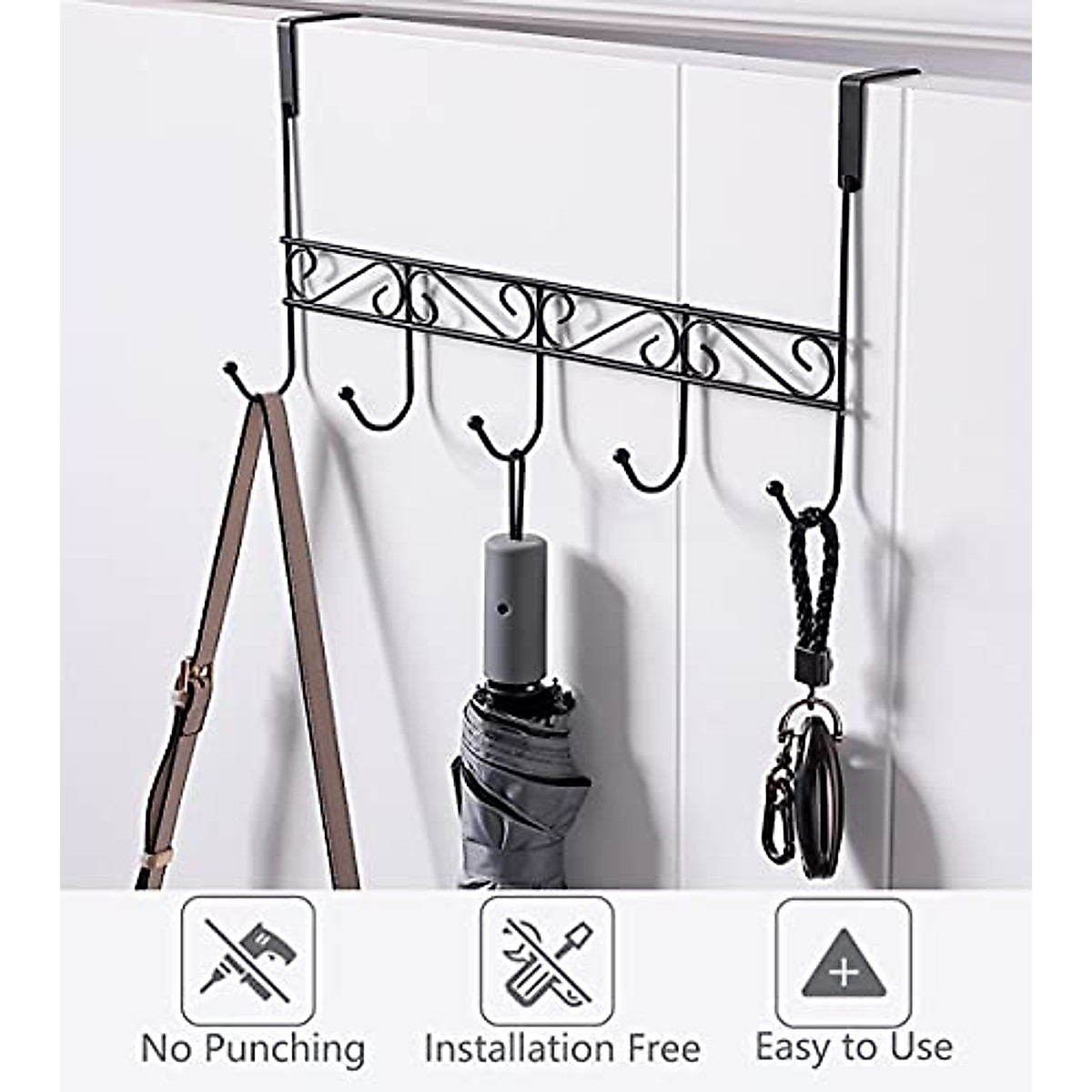 WENLION Over The Door Hook, Over Door Hanger for Coat, Towel, Bag, Robe - 5 Hooks (Black)