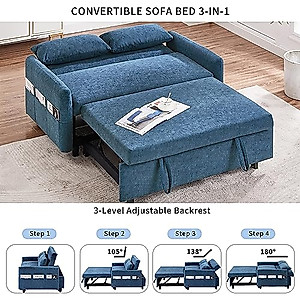 Merax, Blue 55.1" Pull Out Sleep Sofa Bed Loveseats Couch with Adjsutable Backrest,Storage Pockets,2 Soft Pillows for Living Room,Bedroom