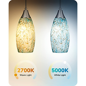 DEWENWILS EDISHINE Plug in Pendant Light, Hanging Light with15FT Adjustable Cord, On/Off Switch, Handcrafted Art Glass Shade, Hanging Light Fixture for Kitchen, Bathroom, Entryway, Light Blue