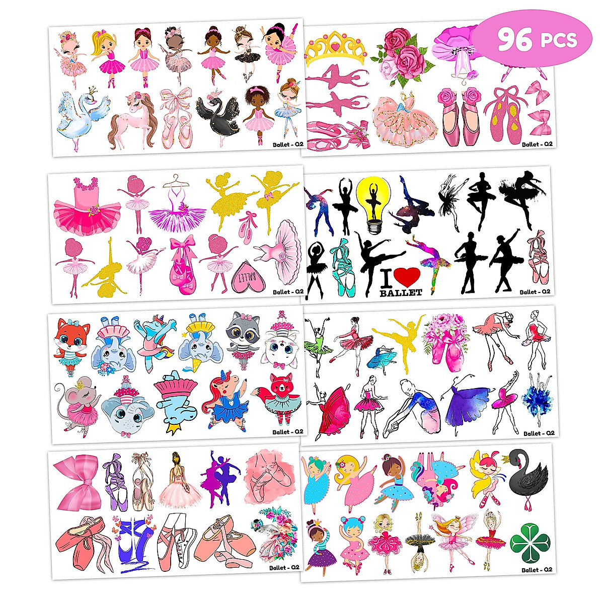 Ballerina Tattoos Themed Birthday Party Decorations Supplies Favors Decor 96 PCS 8 Sheets Cute Temporary Tattoo Stickers For Girls Kids Boys School Gifts Rewards Home Activity