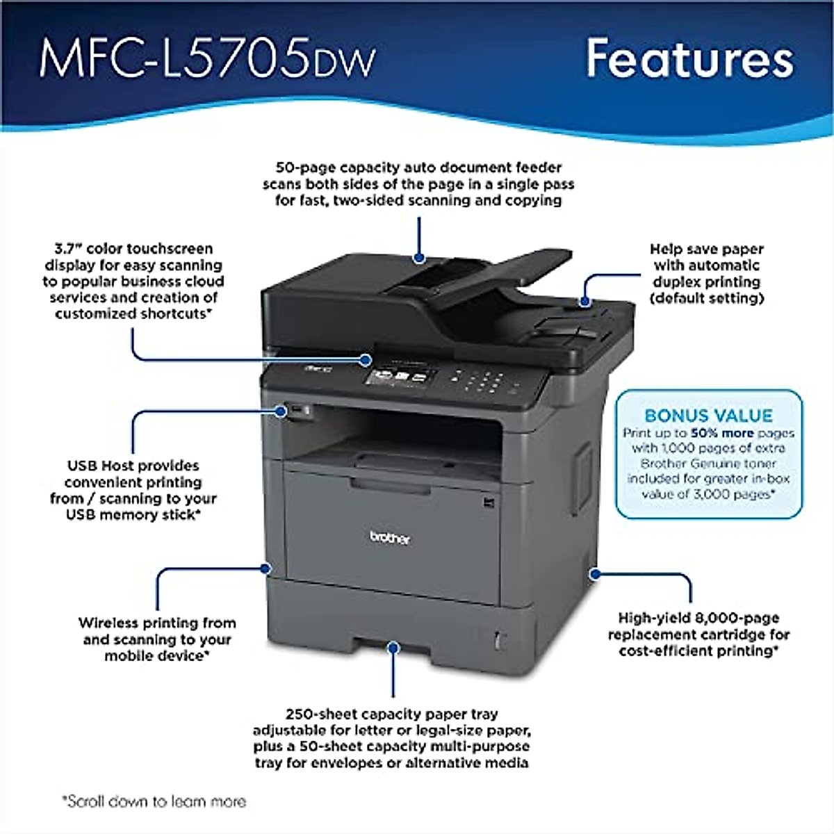 Brother MFC-L5705DW All-in-One Wireless Monochrome Laser Printer, Print Copy Scan Fax, Duplex (2-Sided), Ethernet, Hi-Speed USB 2.0, 42ppm, 1200x1200 dpi, 3.7" Touch LCD, Durlyfish