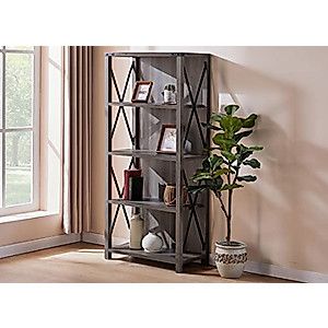 AMERLIFE 4-Tier Bookshelf, Tall Industrial Book Shelf, Rustic Wood & Metal X Frame Farmhouse Bookcase & Bookshelves for Living Room, Bedroom, Grey Wash, 64'', (bookshelf21B)