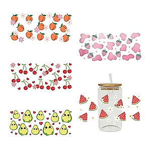 5 Sheets Fruits Theme Rub on Transfer Stickers UV DTF Cup Wrap Transfer Stickers for Glass Cups Waterproof Clear Film Transfer Paper Decal for Crafts Furniture