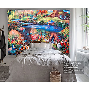 DBLLF Fairytale Forest Tapestry Wonderland Tapestry 100x90 Giant Tapestry Rabbit Motion Cups Hearts and Flower Character Cartoon Style Wide Wall Hanging for Home Decor GTLSDB72