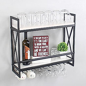 Industrial Wine Racks Wall Mounted with 6 Stem Glass Holder,Rustic Metal Hanging Wine Holder,2-Tiers Wall Mount Bottle Holder Glass Rack,Wood Shelves Wall Shelf Wine Accessories(24in,Vintage White)