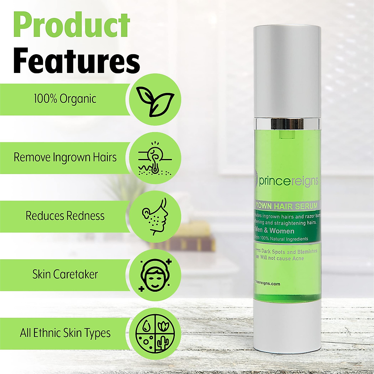 Princereigns Ingrown Hair Serum - Organic Razor Bump & Redness Solution for Men & Women, Ideal for Face, Bikini, Legs, Underarm, Prevents Future Ingrown Hairs, No Alcohol or Oils - 2 Fl. Oz