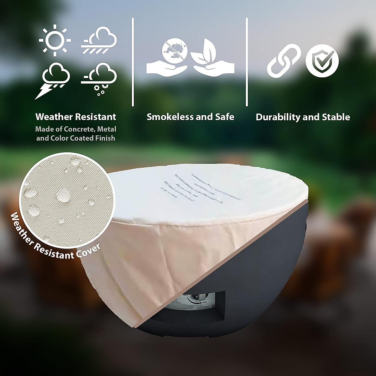 Kante 25" Diameter Round Concrete/Metal Outdoor Propane Gas Smokeless Bowl Patio Heater, Fire Pit Table 50,000 BTU & Weather Resistant Cover, Charcoal