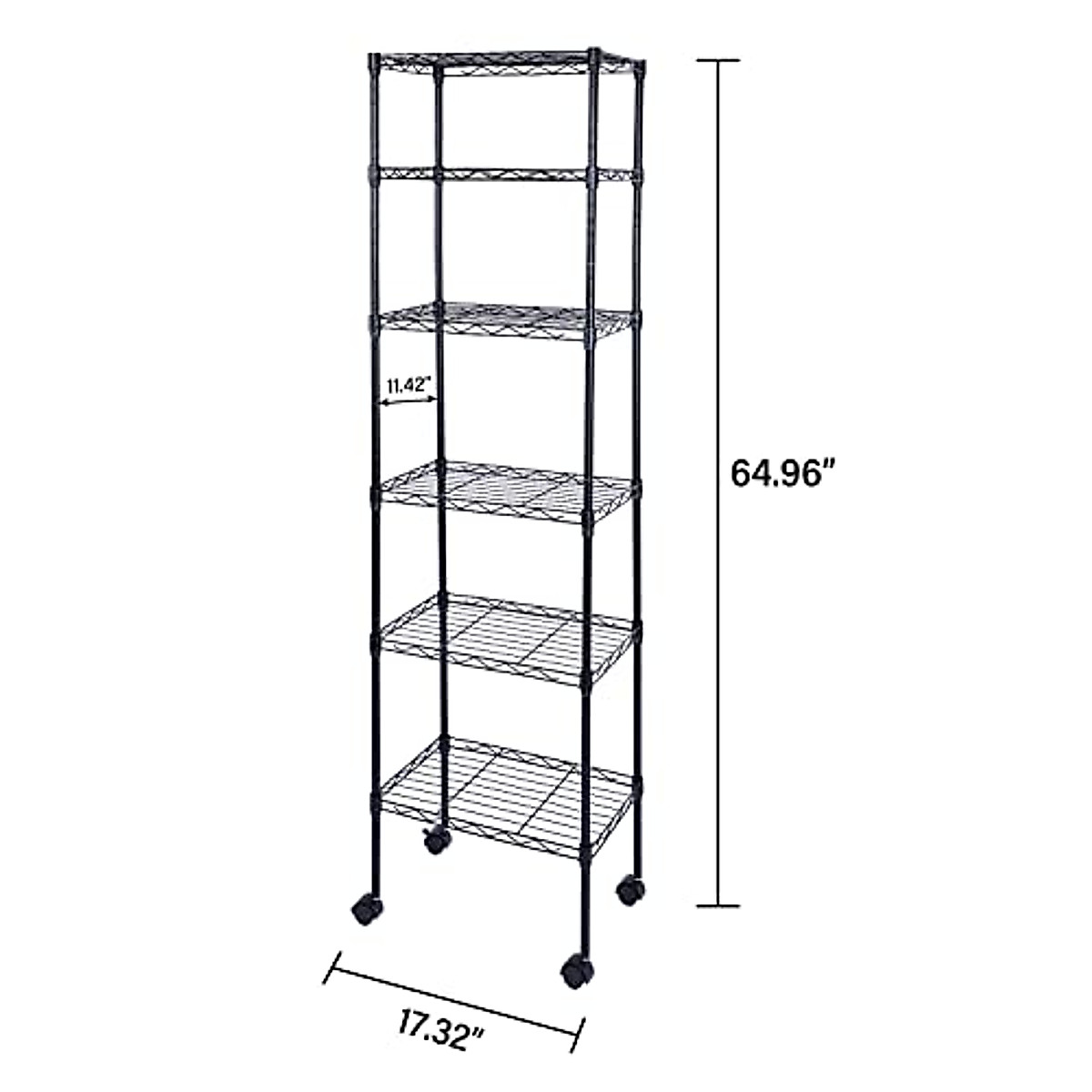YSSOA Heavy Duty 6-Shelf Shelving with Wheels, with Hanging Hooks, Wire Shelving, Adjustable Storage Units, 17'' D x 11'' W x 63'' H, 6 Tier, Black