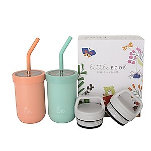 Double walled Insulated Smoothie cups for kids | Toddler Cups with Straws | Set of 2 Straw Sippy Cup | Stainless steel baby cup with Thermos Lid for Hot Storage | Kids Straw Cups
