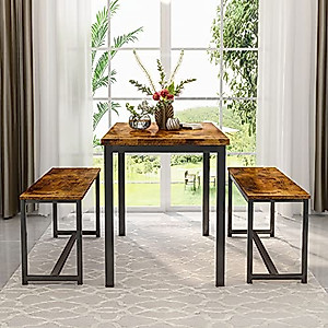 AWQM Dining Table Set with Two Benches, Kitchen Table Set for 4-6 Persons, Kitchen Table of 43.4 x 23.7 x 28.6 Inches, Bench of 38.6 x 11.9 x 17.6 Inches Each, Rustic Brown and Black