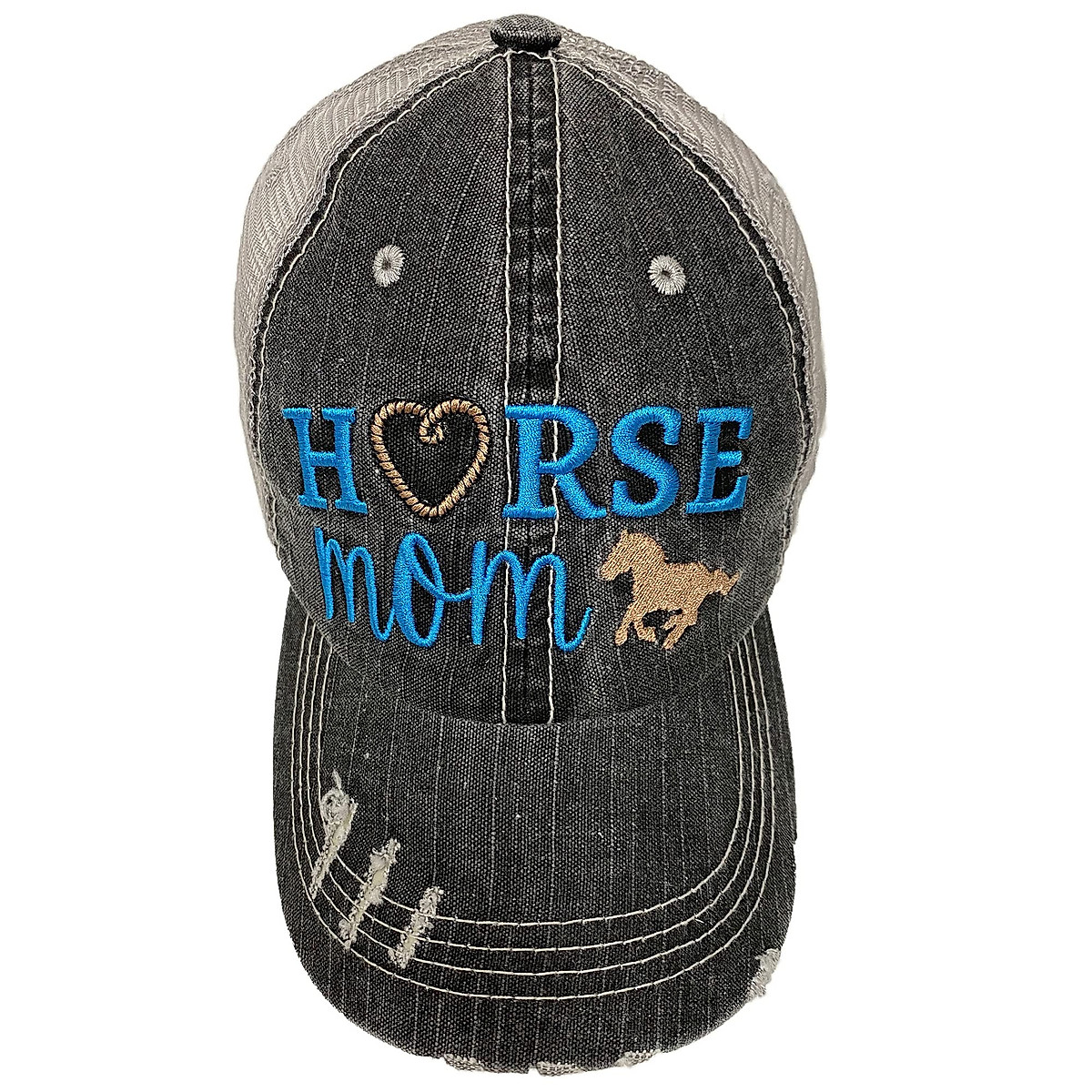 Horse Mom Women's Distressed Baseball Hat (Grey/Blue)
