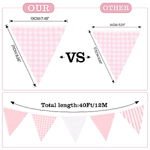 GCQQ 40Ft Pink White Party Decoration, 42Pcs Large Striped and Checkered Fabric Banner Garland, Triangle Banner Flags for Valentine's Pink Party, Wedding, Bridal Baby Shower, Home Nursery Decoration