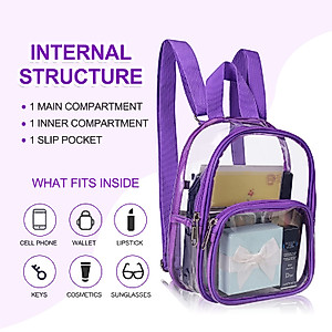 USPECLARE Clear Mini Backpack Stadium Approved, Size 7.5"x2.8"x9" for Girls, for Concert, Festival, Sport Events&Daily Use(Purple)