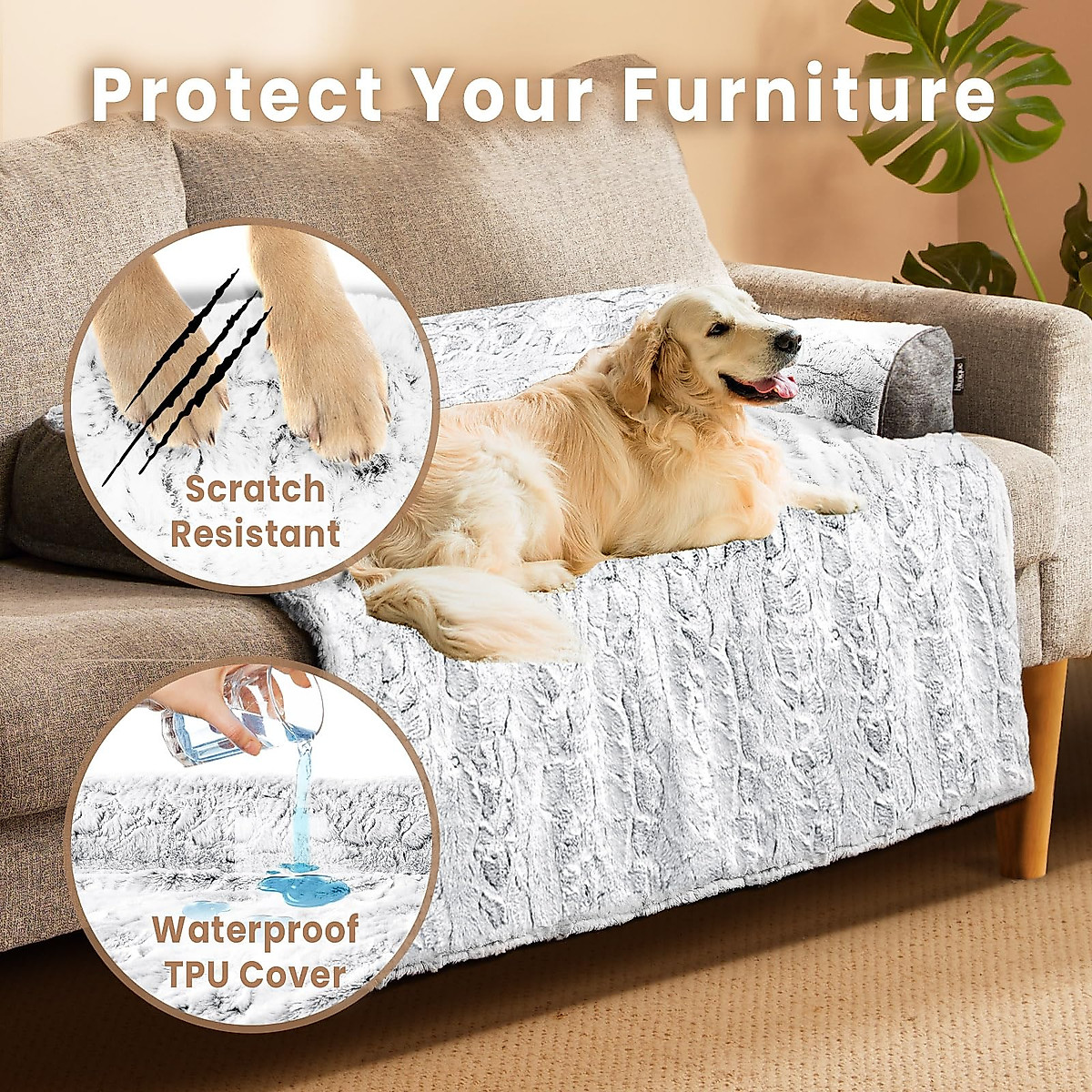 blunique Calming Dog Couch Bed for Large Dog, 41 x 37 inch Waterproof Memory Foam Dog Bed for Couch, Durable Fluffy Fuzzy Dog Bed Mats with Washable Removable Cover Protector for Sofa, Bedside - Grey