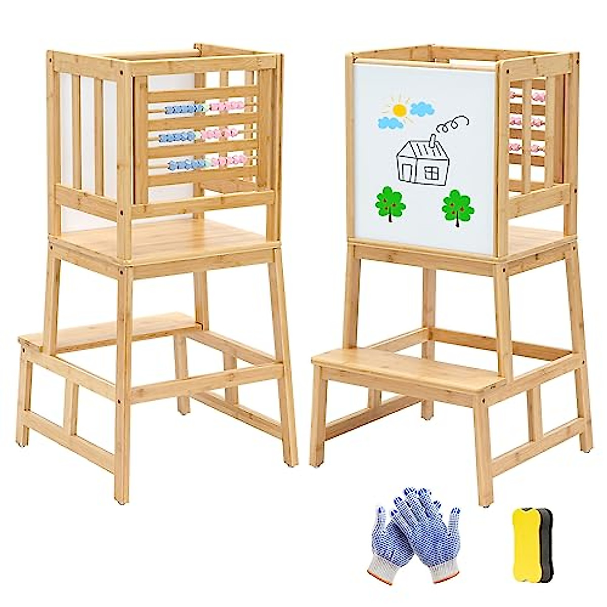 Cosyland Kids Kitchen Step Stool with Safety Rail -Toddler Kitchen Stool Helper Montessori Kids Learning Stool,Baby Standing Tower for Counter, Multi-Function with Abacus and whiteboard